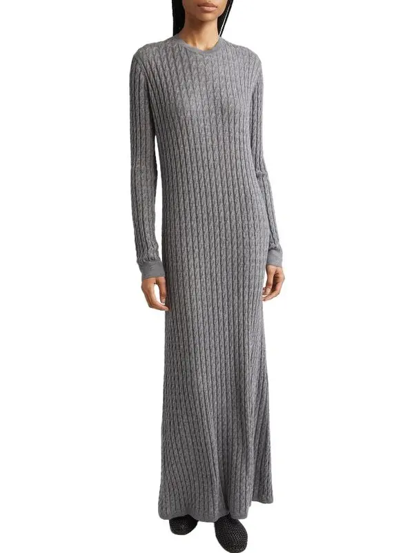 TOTÊME Long Sleeve Cable Knit Wool Merino Wool Sweater Dress - Grey Melange