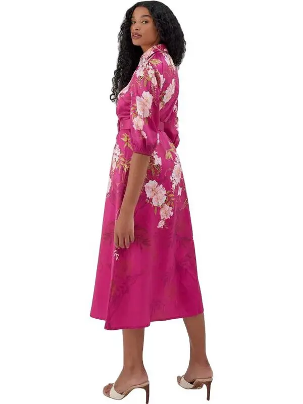 RAISHMA Aria Floral Print Midi Shirt Dress - Red