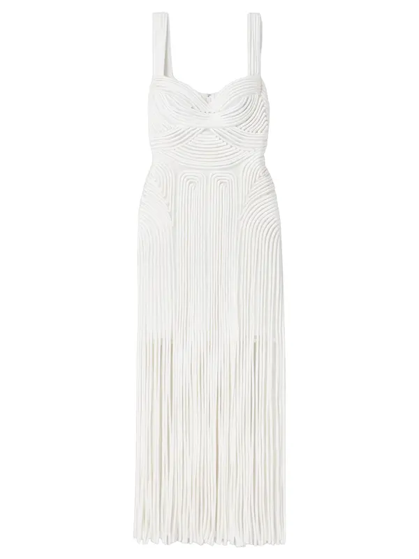 Simkhai Darby Fringed Appliquéd Tulle Midi Dress - White
