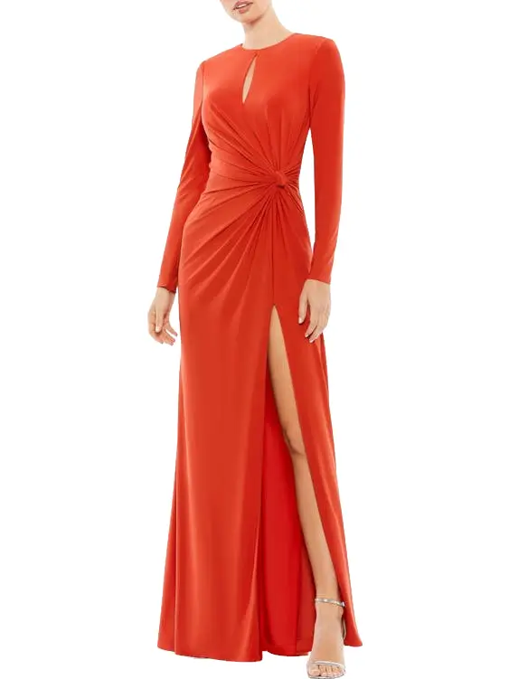 Mac Duggal Long Sleeve Draped Gown - Brick Red