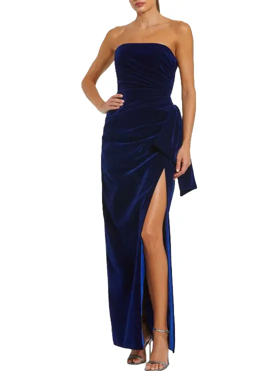 Mac Duggal Strapless Velvet Gown With Slit - Cobalt