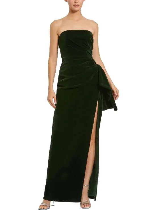 Mac Duggal Strapless Draped Velvet Ankle Gown With Slit - Olive