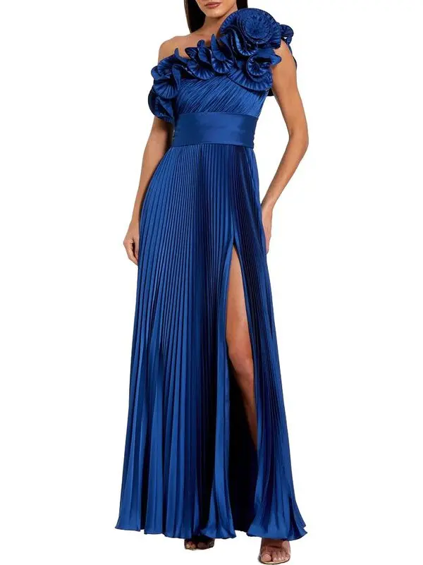 Mac Duggal Pleated Charmeuse One Shoulder Ruffle Gown - Cobalt