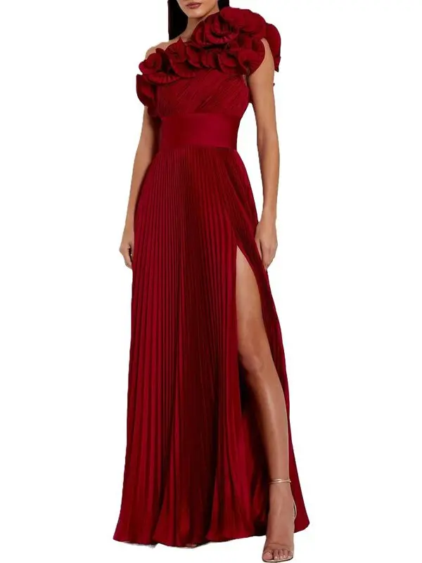Mac Duggal Pleated Charmeuse One Shoulder Ruffle Gown - Red