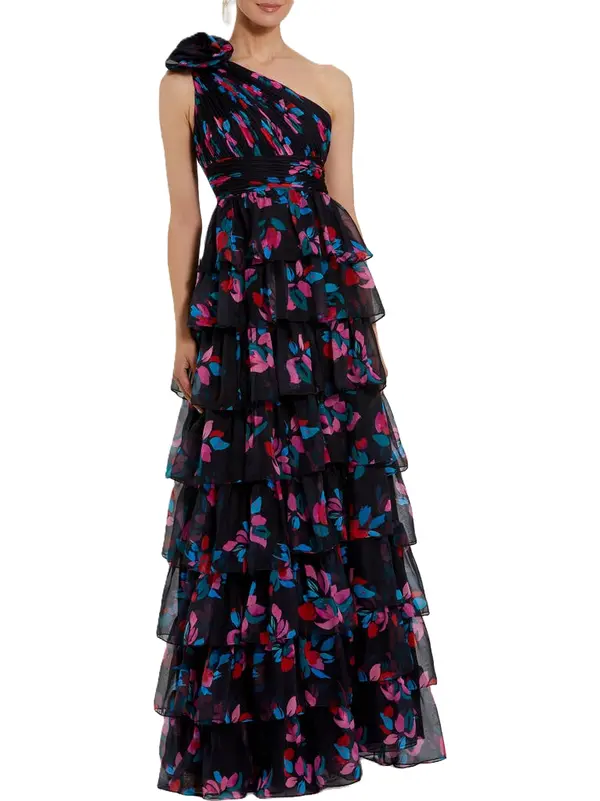 Mac Duggal Printed Chiffon One-shoulder Tiered Ruffle Gown - Black Multi