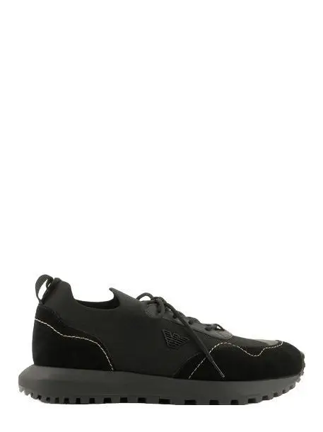 Emporio Armani Knit Sneakers With Suede Accents - Black