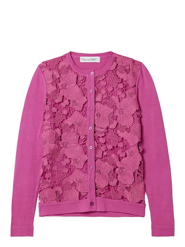 Oscar De La Renta Guipure Lace-paneled Silk-blend Cardigan - Purple