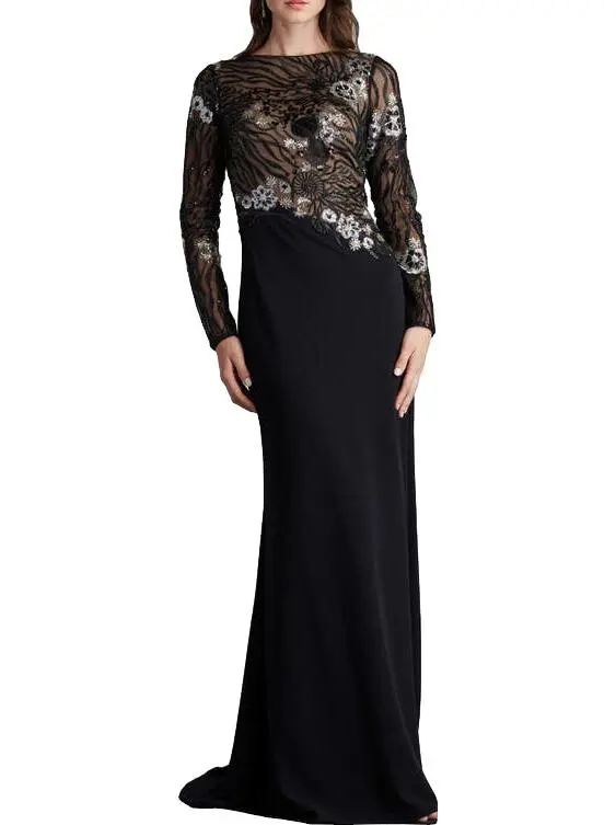 Tadashi Shoji Sequin Lace Bodice Gown - Black/ Nude