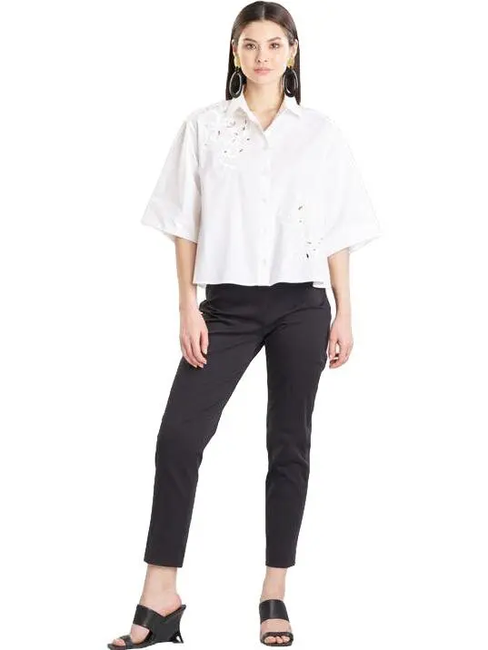 Natori Cotton Poplin Trapeze Shirt With Embroidery - White
