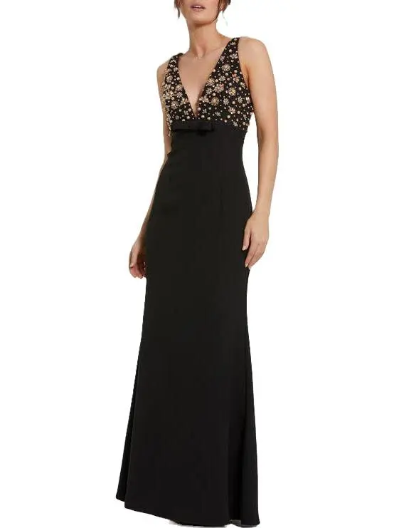 Mac Duggal Crepe Beaded V-neck Gown With Bow - Black