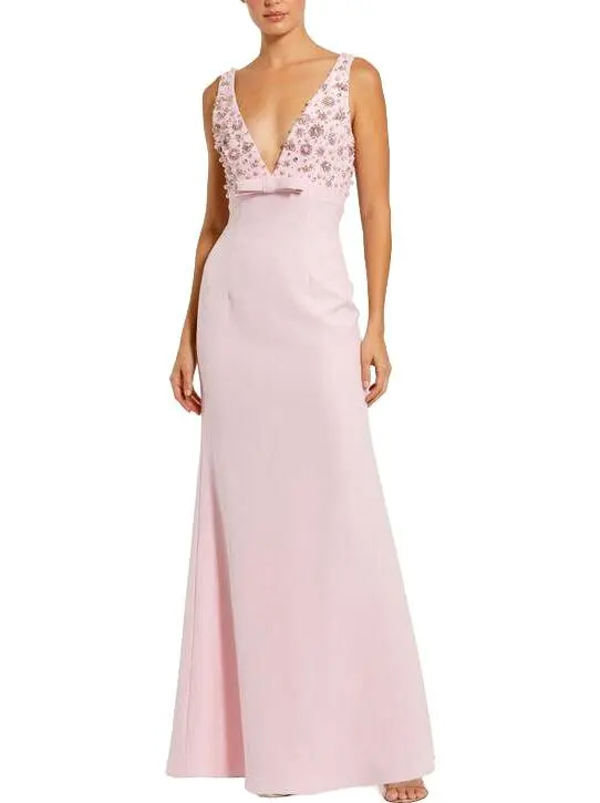 Mac Duggal Crepe Beaded V-neck Gown With Bow - Blush