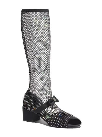 Chanel Resille 55mm Knee High Mary Janes Crystal Patent Calfskin - Black/silver