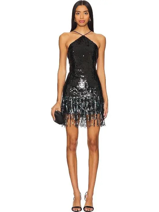 LOVERS AND FRIENDS Massima Sequin Fringe Mini Dress - Black Sequin
