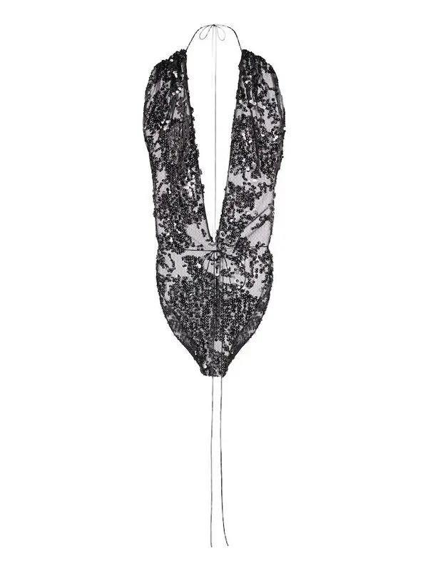 Victoria Beckham Sequined Halterneck Tulle Bodysuit - Black