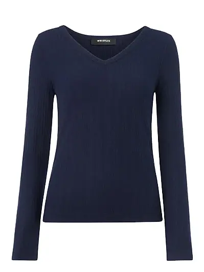 Whistles V-neck Ribbed Jersey Top - Navy