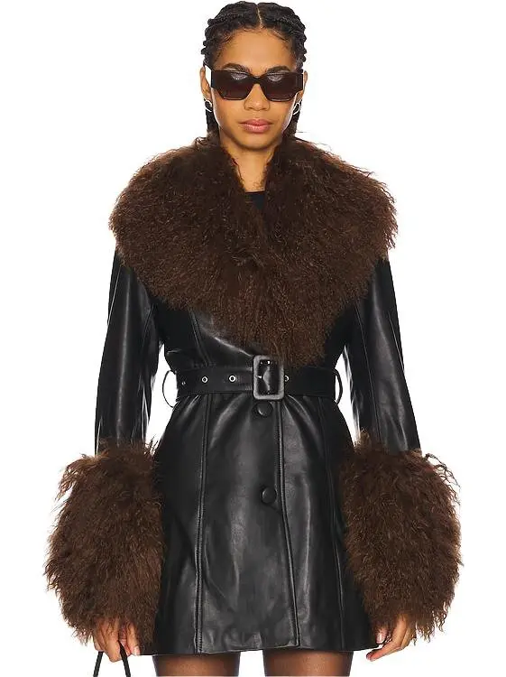 SUSANNA CHOW Mimi Leather Coat With Fur Trim - Black & Brown