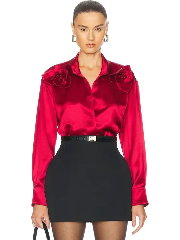 AKNVAS Flor Satin Button Down Shirt With Roses - Poppy