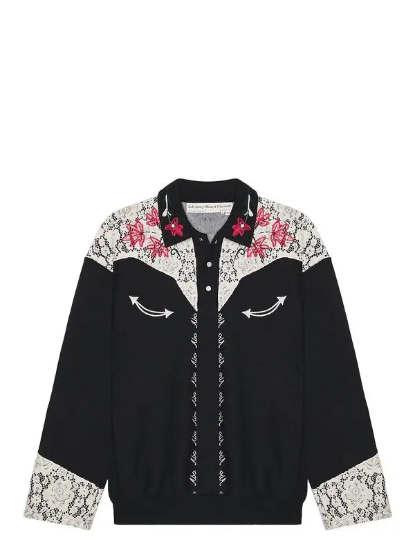 ADVISORY BOARD CRYSTALS Western Shirt Style Collared Crew In Black - Black & Ecru Lace