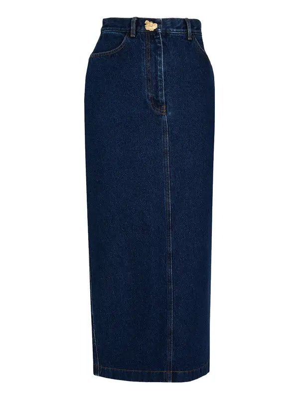 Oscar De La Renta Button-embellished Denim Midi Skirt - Dark Denim