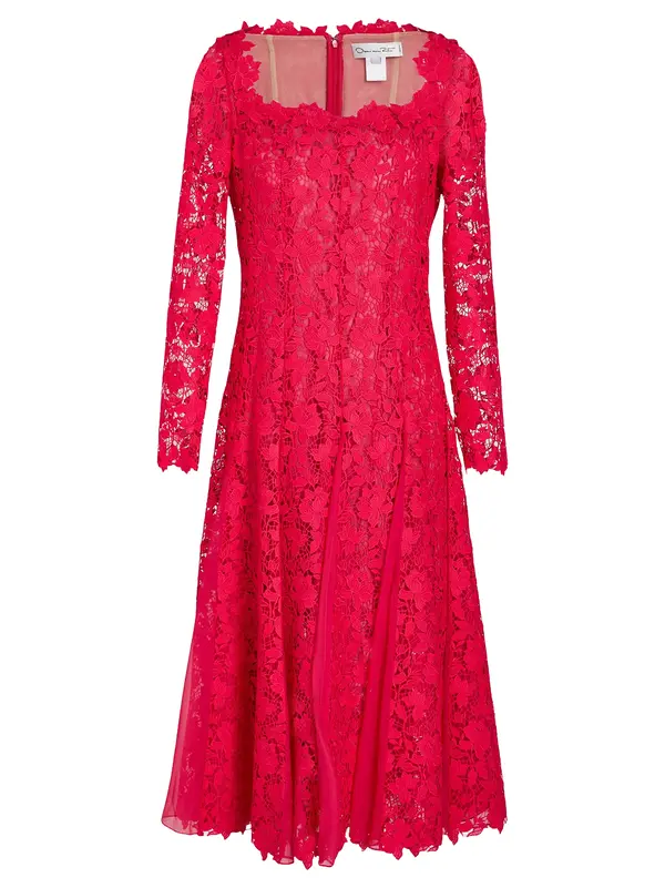 Oscar De La Renta Chiffon-trimmed Guipure Lace Midi Dress - Papaya