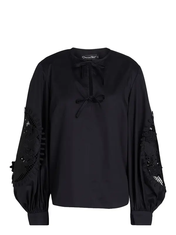Oscar De La Renta Guipure Lace-trimmed Poplin Blouse - Black
