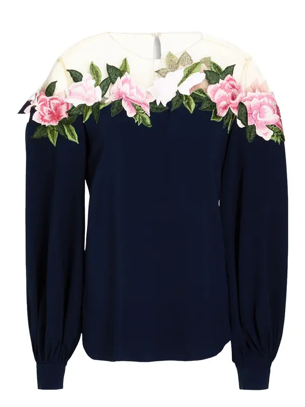 Oscar De La Renta Embroidered Tulle-trimmed Crepe Blouse - Navy