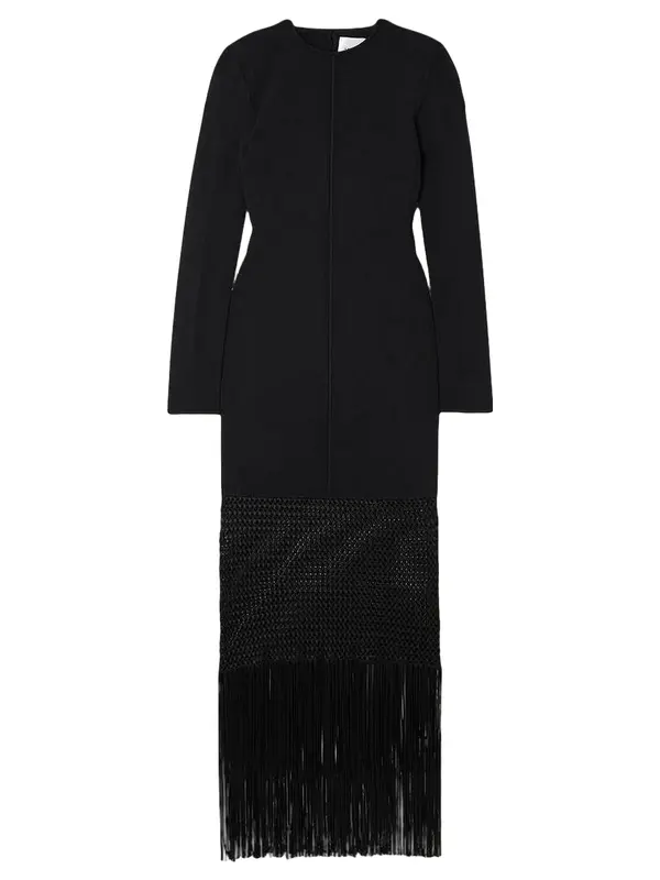 Galvan Fringed Macramé-trimmed Knitted Midi Dress - Black