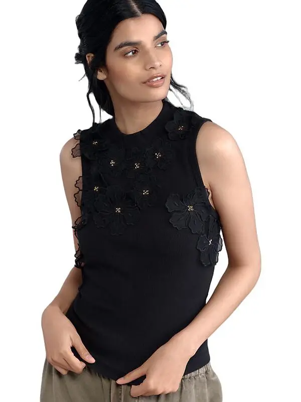 Anthropologie Floral Appliqué Sleeveless Top - Black Onyx