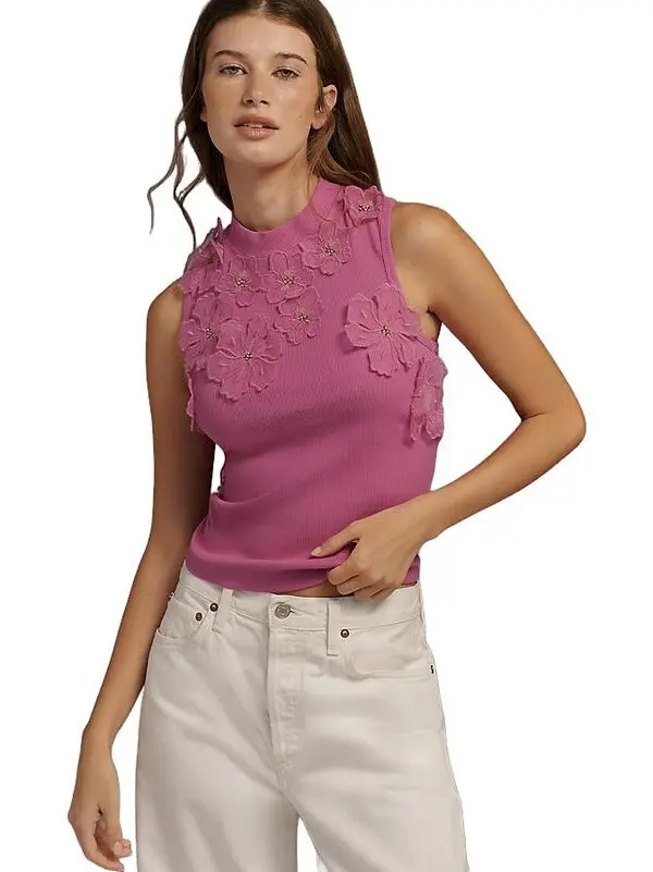 Anthropologie 3d Floral Appliqué Top - Radiant Orchid