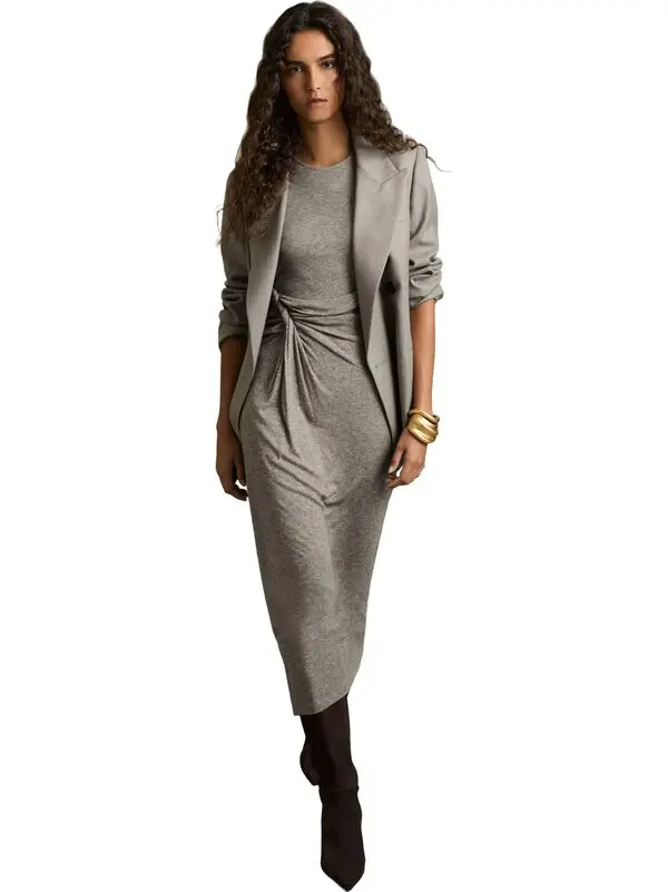 REISS Hadley Petite Jersey Midi Dress With Twist Detail - Grey