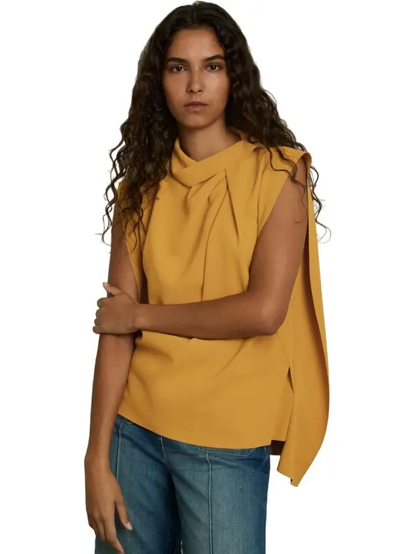 REISS Simone Drape-neck Shell Top - Yellow