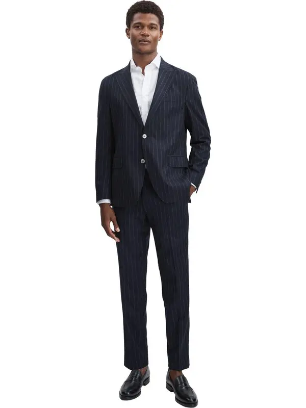 OSCAR JACOBSON 100% Wool Slim-fit Pinstripe Suit Trousers - Navy