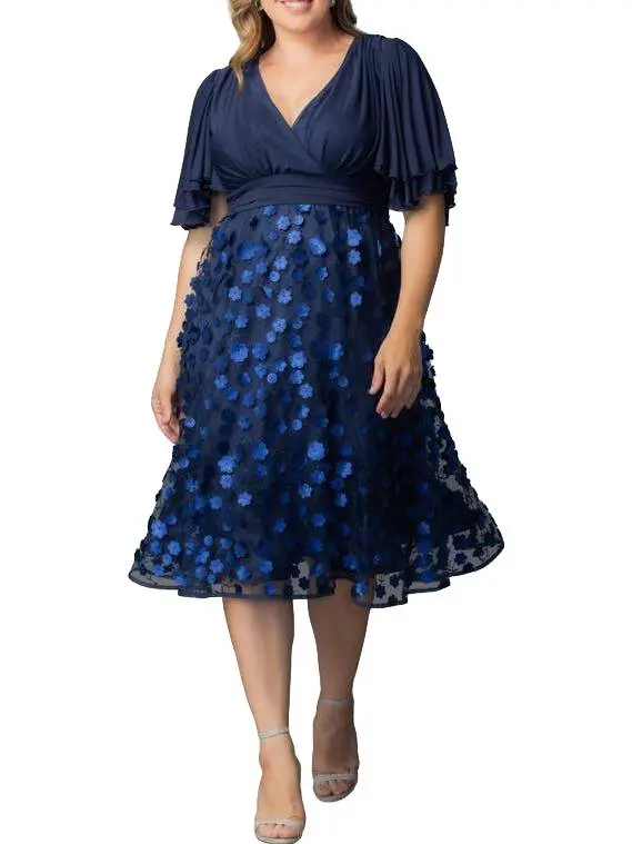 KIYONNA Pretty Petals Flutter Sleeve Cocktail Dress - Navy Blossoms
