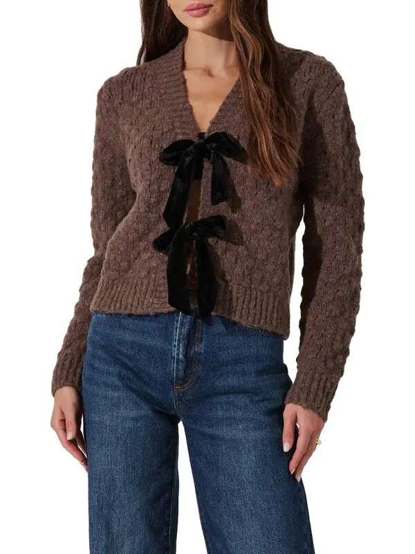 Astr The Label Velvet Bow Cardigan - Brown