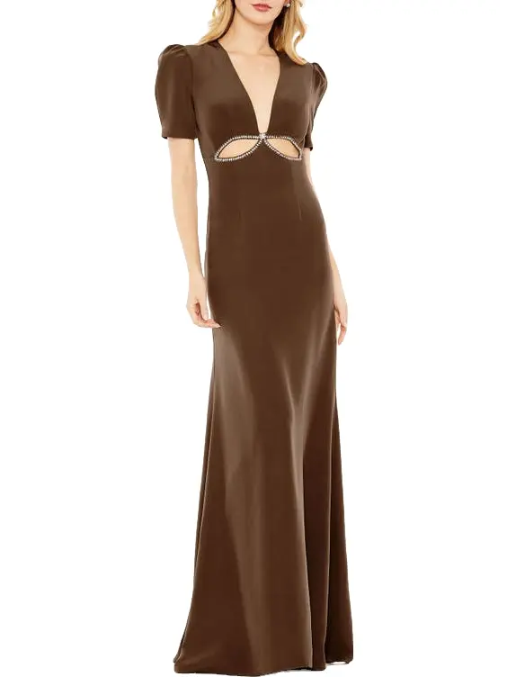 Mac Duggal Plunge Neck Puff Sleeve Cut Out Gown - Espresso