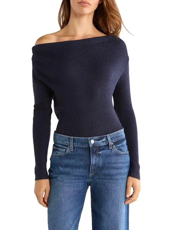 Astr The Label One-shoulder Ribbed Sweater - Navy