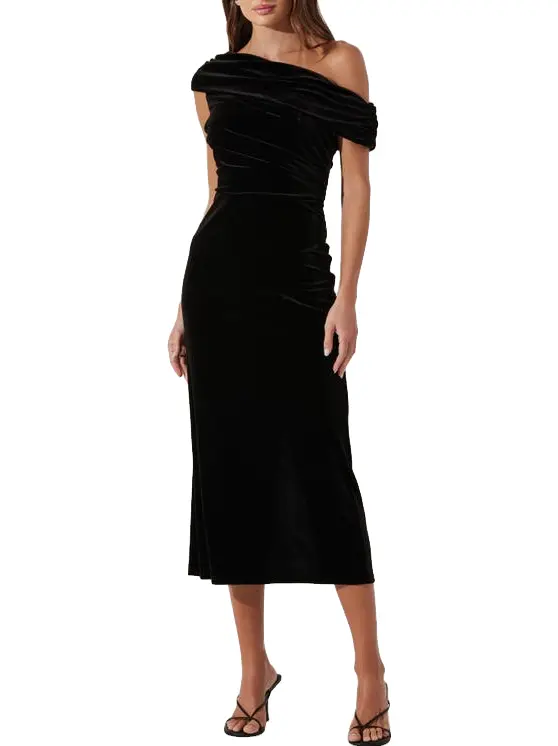 Astr The Label One-shoulder Velvet Midi Dress - Black