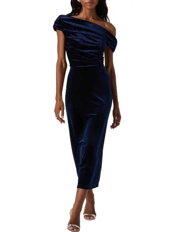 Astr The Label One-shoulder Velvet Midi Dress - Midnight