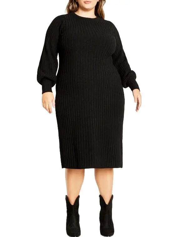 City Chic Saskia Long Sleeve Ribbed Sweater Dress - Black