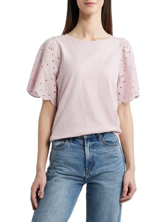 BEACHLUNCHLOUNGE Percy Eyelet Sleeve Mixed Media Top - Dreamy Pink
