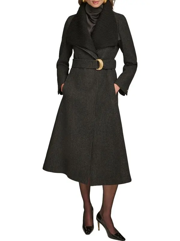 Donna Karan New York Rib Belted Wool-blend Wrap Coat With Bib - Black