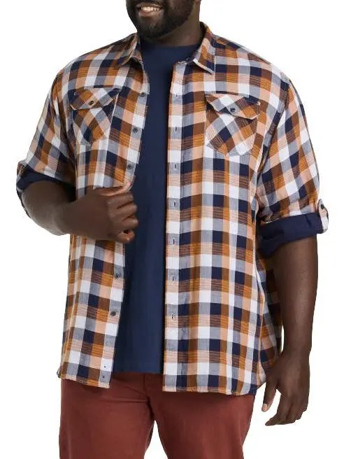 TRUE NATION BY DXL Plaid Rolled-sleeve Sport Shirt - Navy-glazed Ginger
