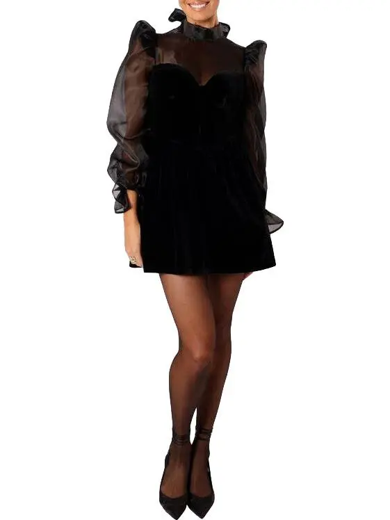 PETAL & PUP Blaire Organza & Velvet Mini Dress - Black