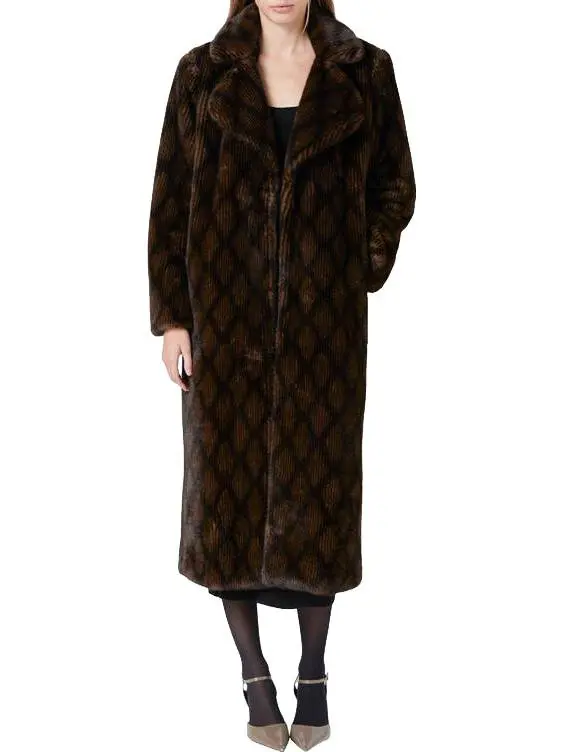 Endless Rose Diamond Pattern Faux Fur Longline Coat - Brown
