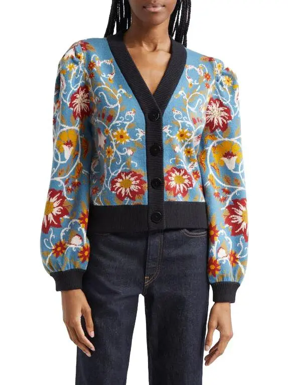 Farm Rio Flowing Beauty Floral Jacquard Cardigan - Flowing Beauty Blue