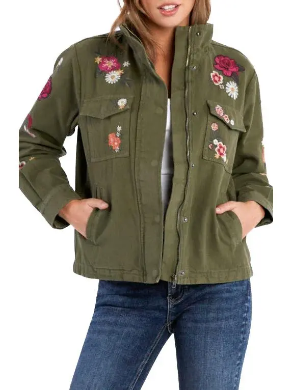 BILLY T Floral Embroidered Zip-up Jacket - Army