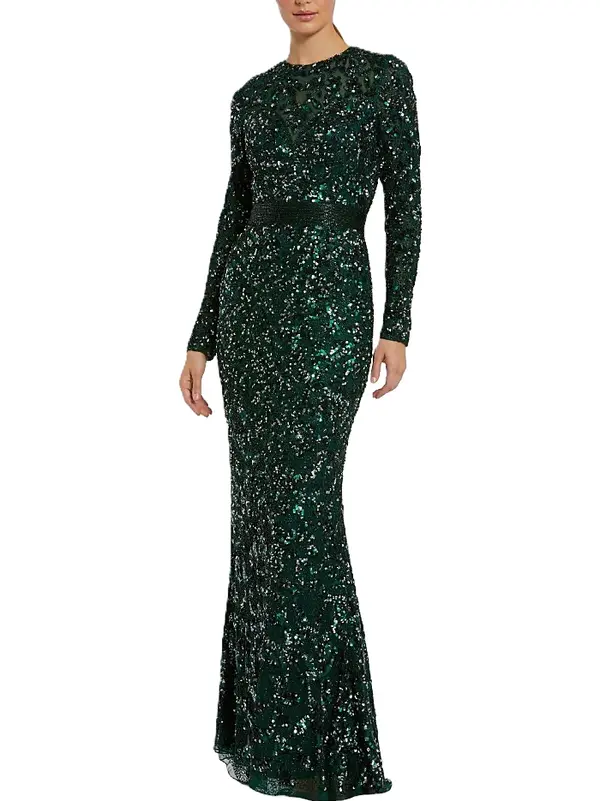 Mac Duggal Embellished Illusion High Neck Gown - Forest Green
