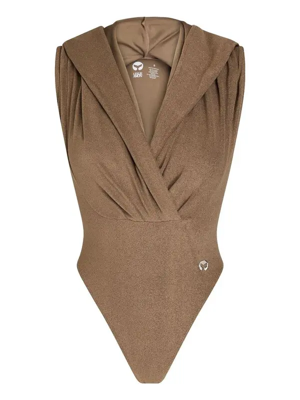 LESLIE AMON Wrap-effect Terry Hooded Bodysuit - Taupe