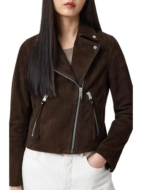 ALLSAINTS Dalby Suede Moto Jacket - Fango Brown