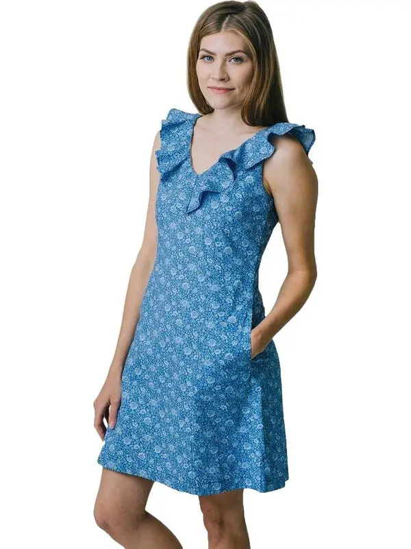 HOPE & HENRY V-neck Ruffle Shift Dress - Coastal Blue Floral